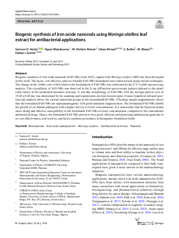 Pdf Biogenic Synthesis Of Iron Oxide Nanorods Using Moringa Oleifera