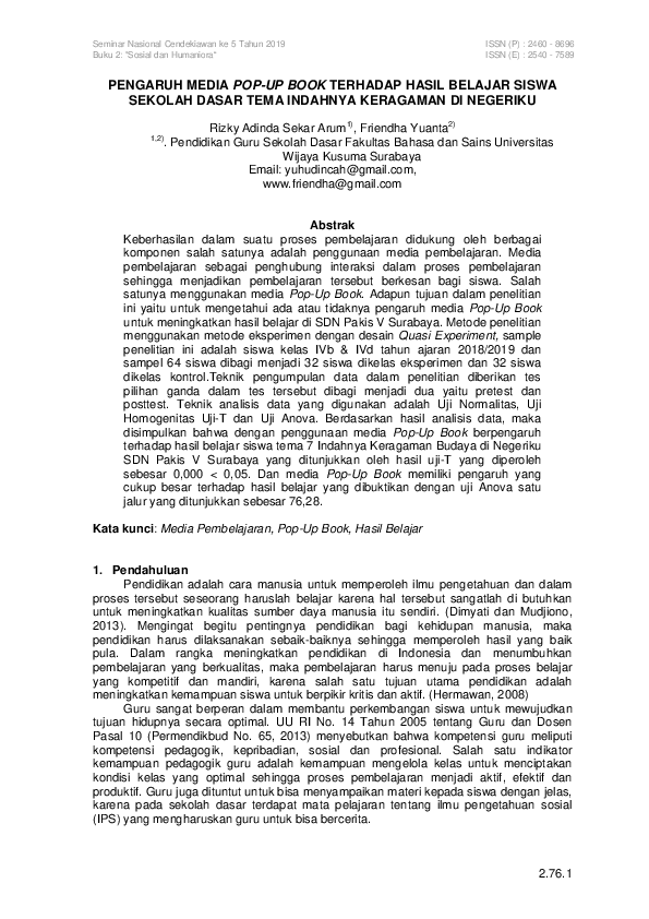 (PDF) Pengaruh Media Pop-Up Book Terhadap Hasil Belajar Siswa Sekolah Dasar Tema Indahnya ...