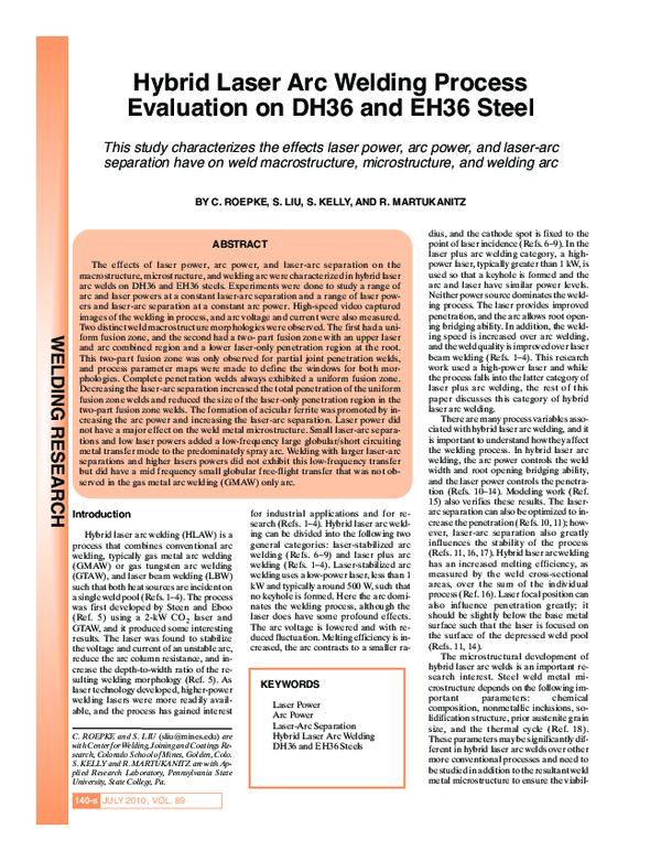 (PDF) Hybrid laser arc welding process evaluation on DH36 and EH36 steel