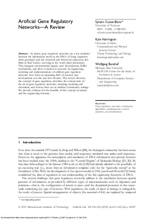 Pdf Artificial Gene Regulatory Networks—a Review
