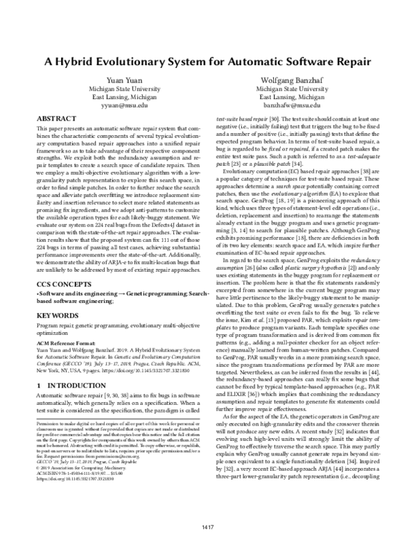 (PDF) A hybrid evolutionary system for automatic software repair