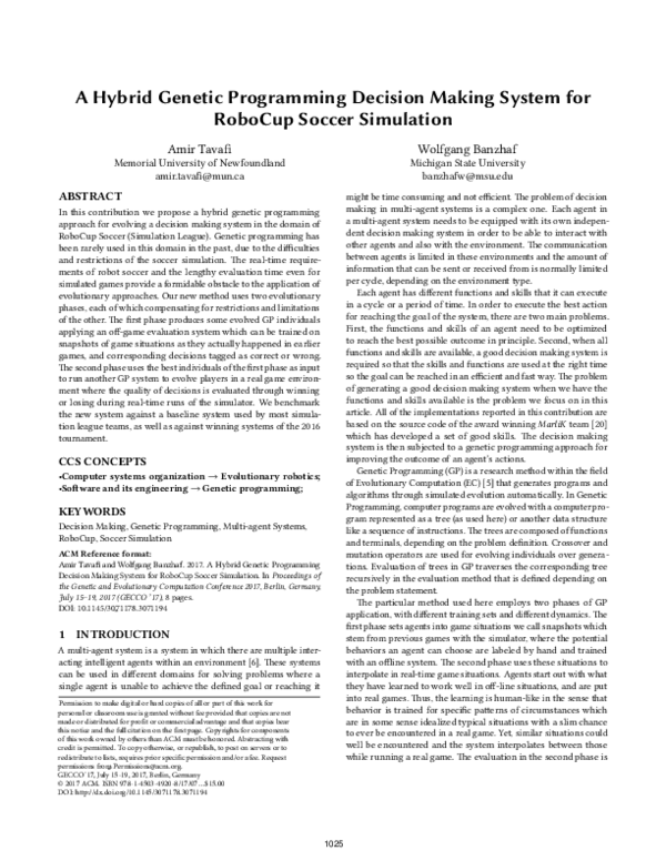 (PDF) A hybrid genetic programming decision making system for RoboCup soccer simulation
