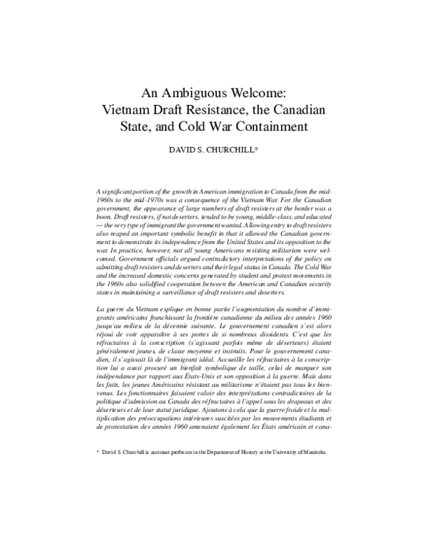 (PDF) An Ambiguous Welcome: Vietnam Draft Resistance, the Canadian ...