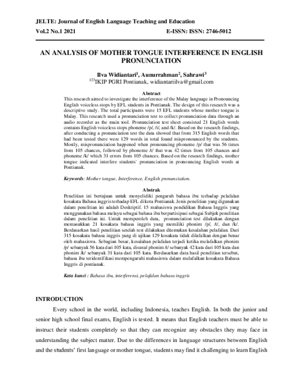 (PDF) An Analysis of Mother Tongue Interference in English Pronunciation