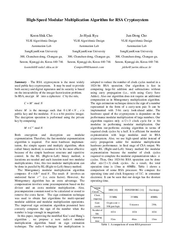Pdf High Speed Modular Multiplication Algorithm For Rsa Cryptosystem
