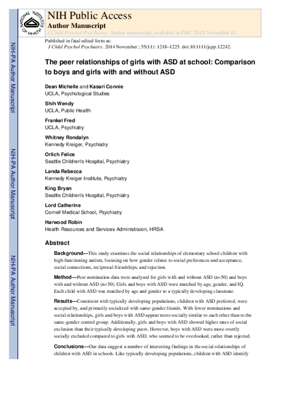 (PDF) The peer relationships of girls with ASD at school: comparison to ...