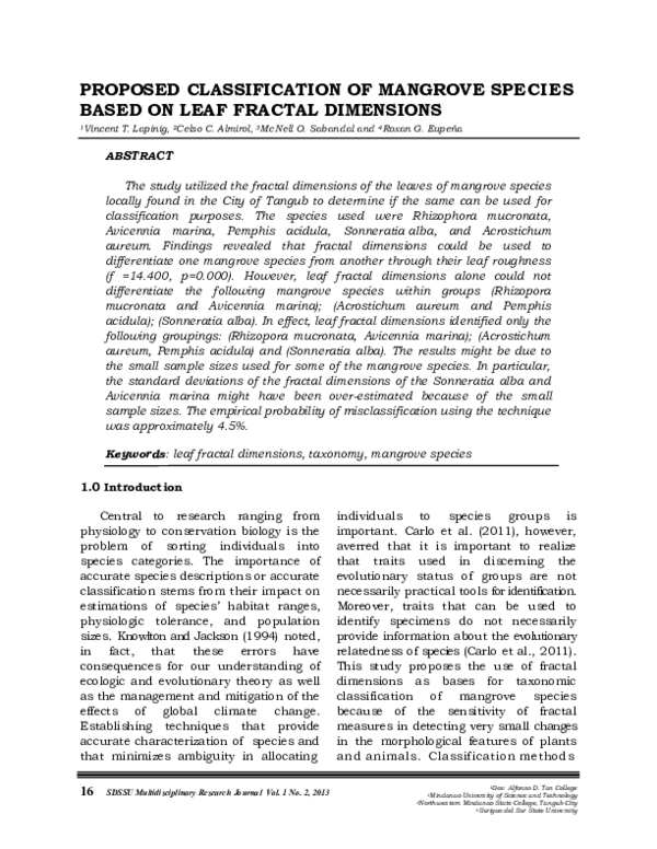 (PDF) Proposed Classification of Mangrove Species Based on Leaf Fractal Dimensions