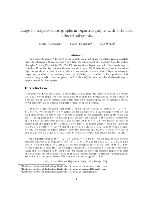 (PDF) Large homogeneous subgraphs in bipartite graphs with forbidden induced subgraphs