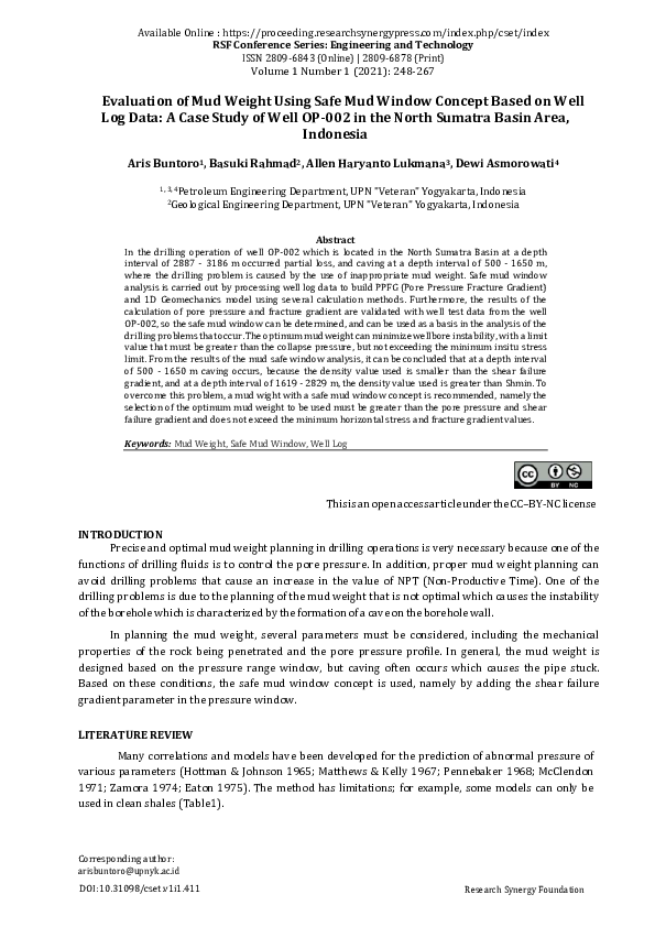 (PDF) Evaluation of Mud Weight Using Safe Mud Window Concept Based on Well Log Data: A Case ...