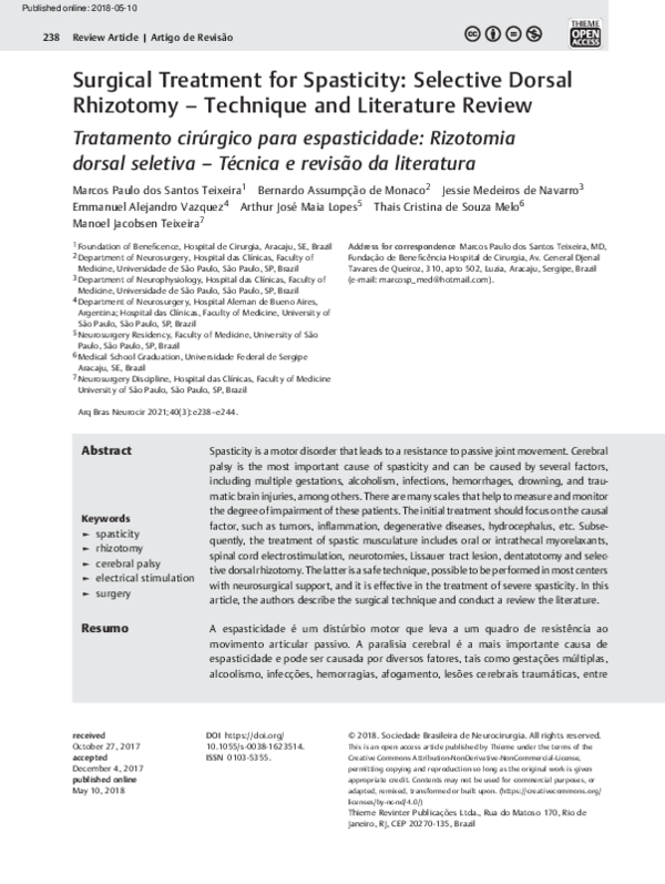 (PDF) Surgical Treatment for Spasticity: Selective Dorsal Rhizotomy ...