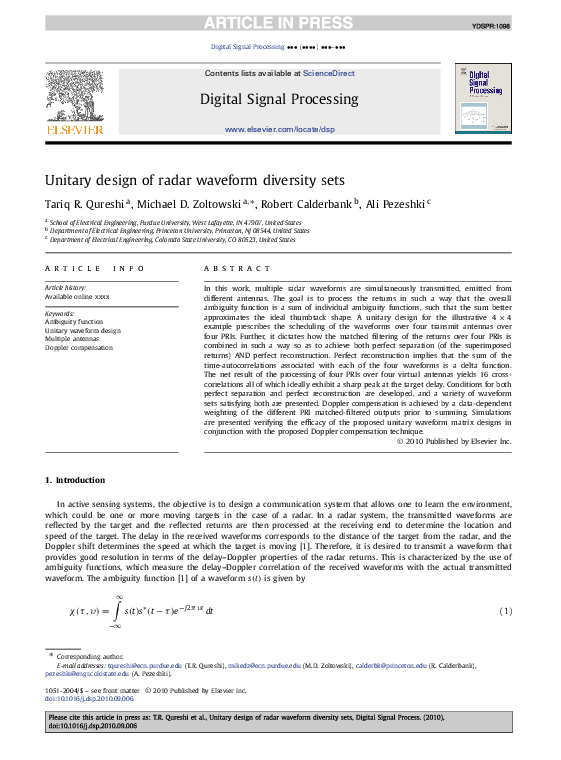 Pdf Unitary Design Of Radar Waveform Diversity Sets Bill Moran