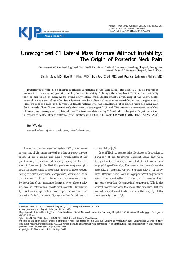 (PDF) Unrecognized c1 lateral mass fracture without instability; the ...