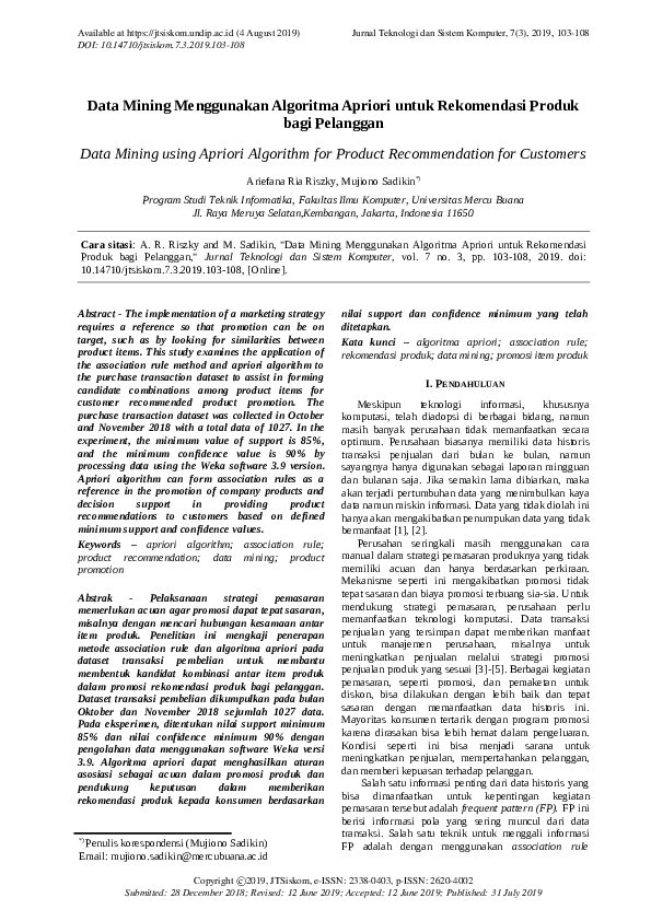 (PDF) Data Mining Menggunakan Algoritma Apriori untuk Rekomendasi Produk bagi Pelanggan ...