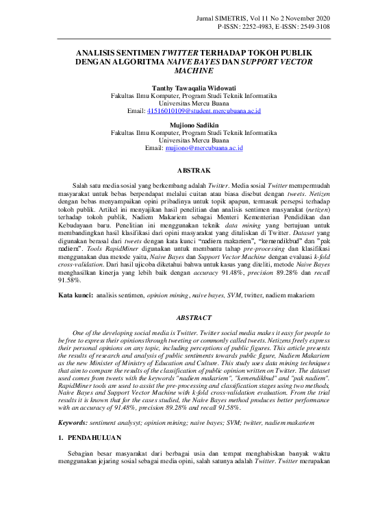 Pdf Analisis Sentimen Twitter Terhadap Tokoh Publik Dengan Algoritma