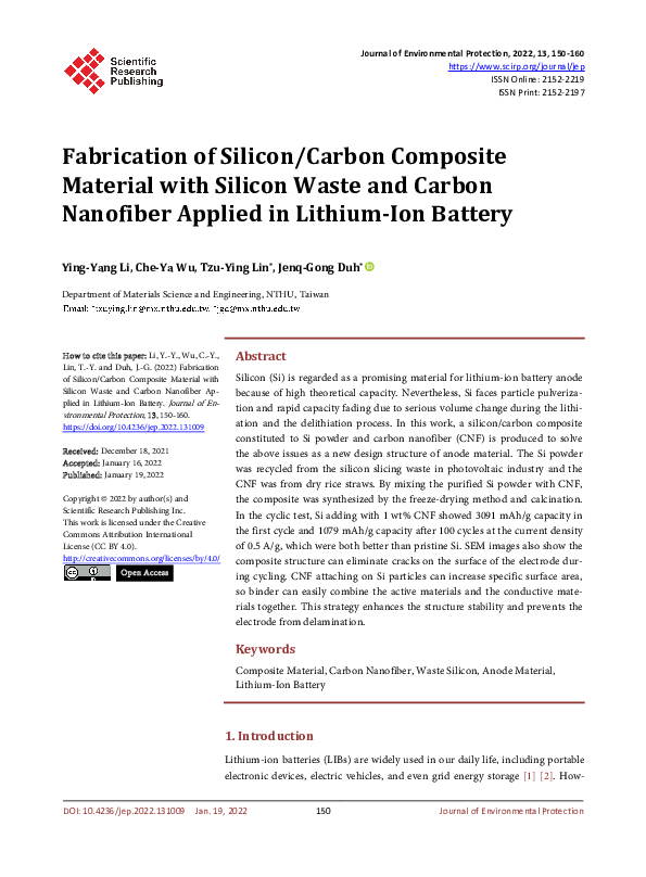 (PDF) Fabrication of Silicon/Carbon Composite Material with Silicon Waste and Carbon Nanofiber ...
