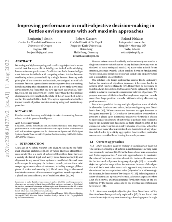 Pdf Improving Performance In Multi Objective Decision Making In