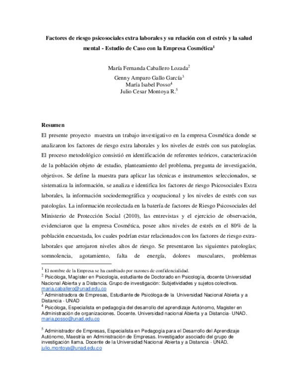 Pdf Factores De Riesgo Psicosociales Extra Laborales Y Su Relación