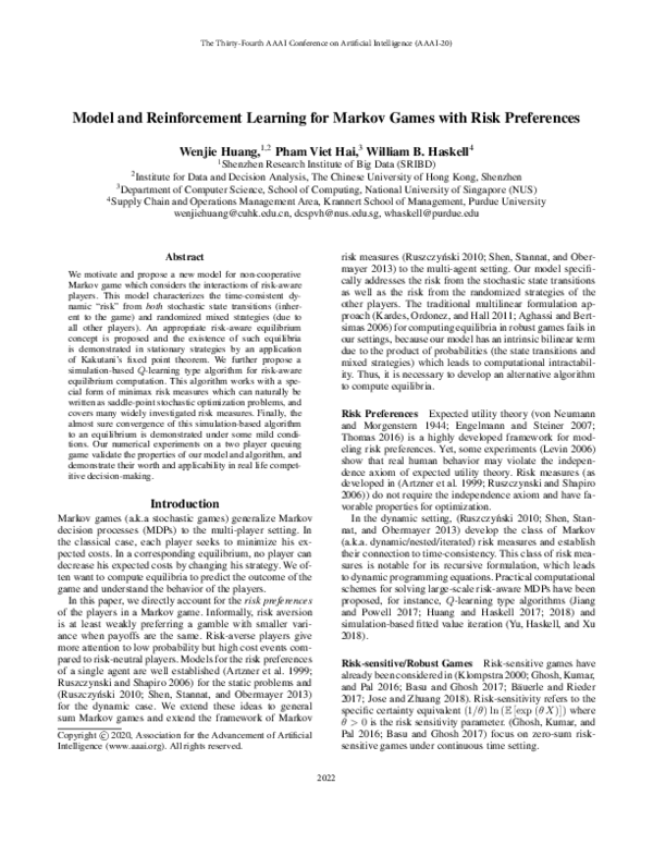 (PDF) Model and Reinforcement Learning for Markov Games with Risk Preferences | Wenjie Huang ...