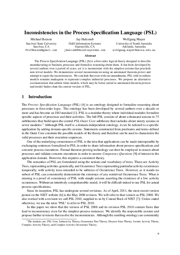 (PDF) Inconsistencies in the Process Specification Language (PSL)