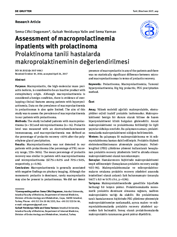 (PDF) Assessment of macroprolactinemia inpatients with prolactinoma