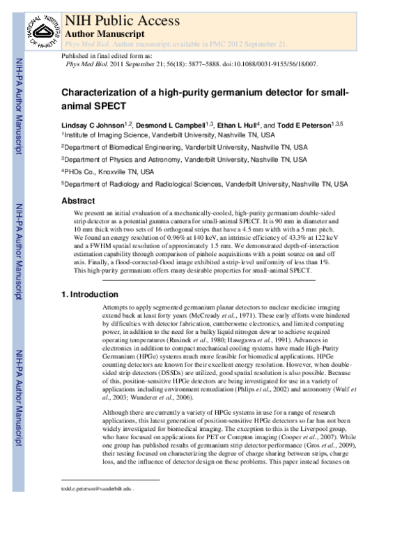 (PDF) Characterization of a high-purity germanium detector for small-animal SPECT