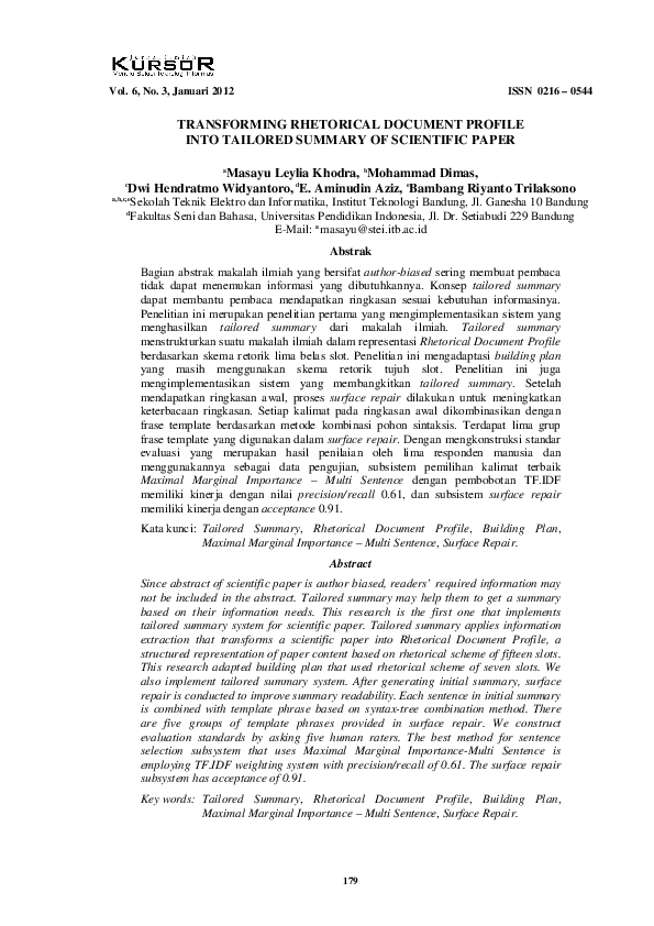 (PDF) Transforming Rhetorical Document Profile Into Tailored Summary of Scientific Paper