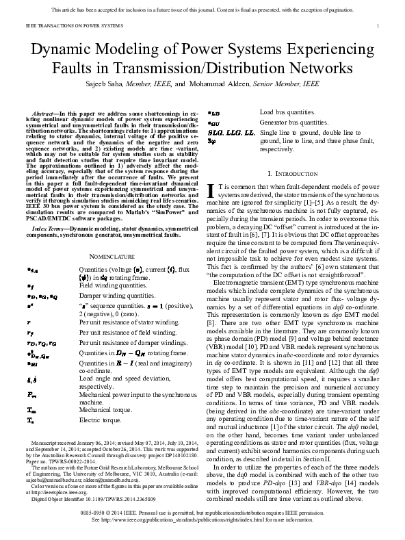 (PDF) Dynamic Modeling of Power Systems Experiencing Faults in Transmission/Distribution Networks