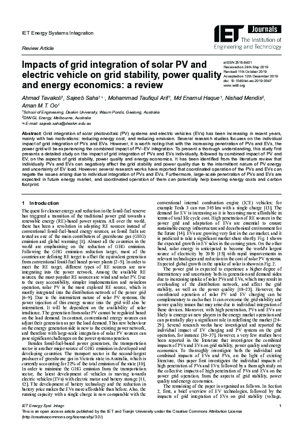 (PDF) Impacts of grid integration of solar PV and electric vehicle on grid stability, power ...