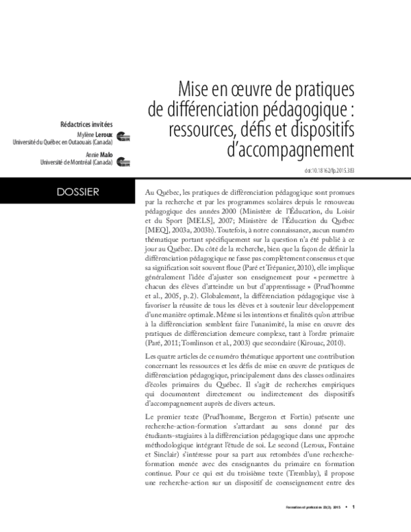 (PDF) Dossier : Mise en œuvre de pratiques de différenciation pédagogique : ressources, défis et ...