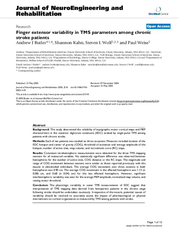 (PDF) Finger extensor variability in TMS parameters among chronic ...