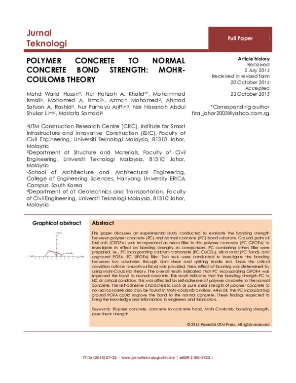 (PDF) Polymer Concrete to Normal Concrete Bond Strength: Mohr-Coulomb ...