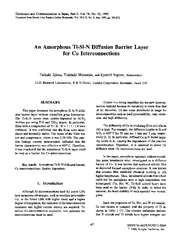 (PDF) An amorphous Ti-Si-N diffusion barrier layer for cu interconnections