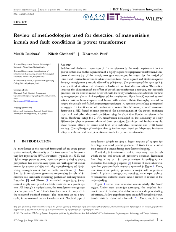 (PDF) Review of methodologies used for detection of magnetising inrush and fault conditions in ...