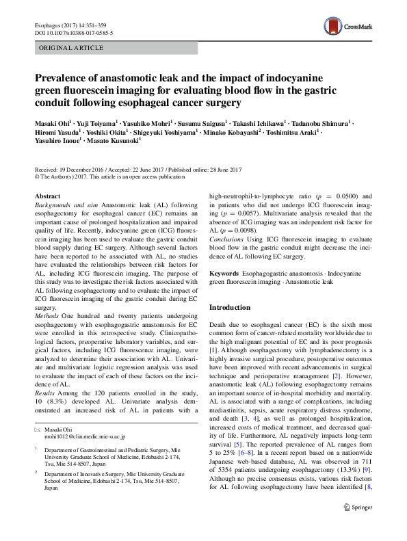 (PDF) Prevalence of anastomotic leak and the impact of indocyanine green fluorescein imaging for ...