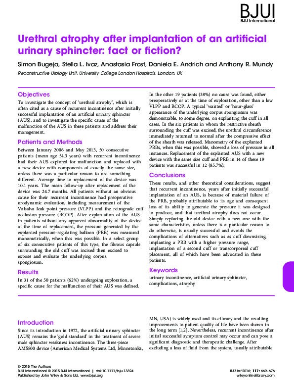 Urethral atrophy after implantation of an artificial urinary sphincter ...