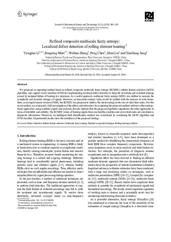 (PDF) Refined composite multiscale fuzzy entropy: Localized defect detection of rolling element ...