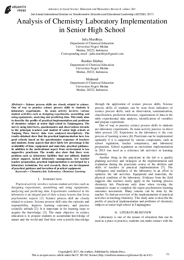 (PDF) Analysis of Chemistry Laboratory Implementation in Senior High School