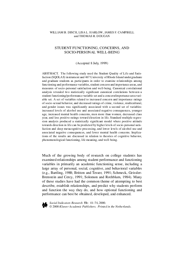 (PDF) Student Functioning, Concerns, and Socio-Personal Well-Being