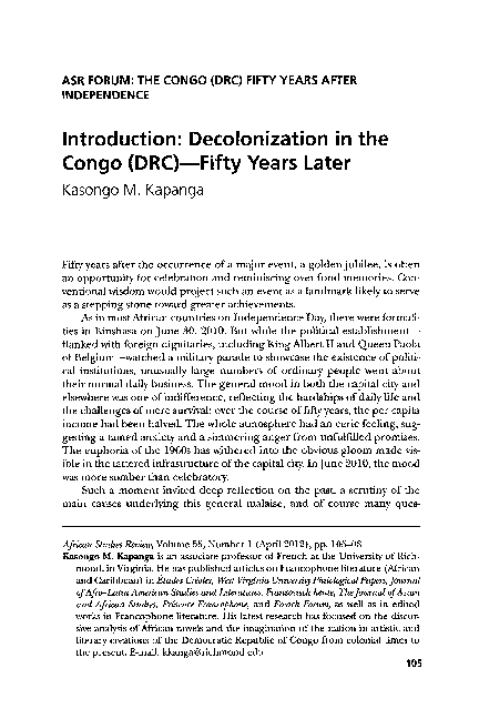 (PDF) Introduction: Decolonization in the Congo (DRC)—Fifty Years Later