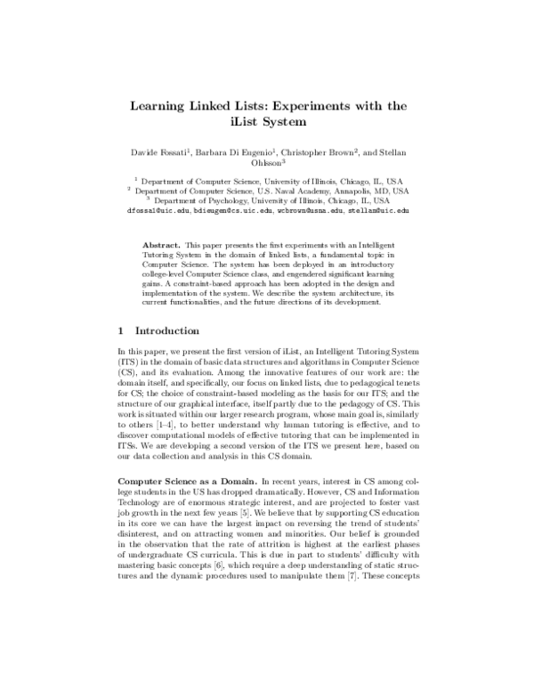 (PDF) Intelligent Tutoring for Linked Lists: iList Experiments