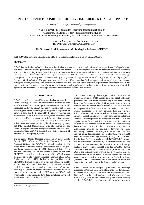 (PDF) On using QA/QC techniques for LiDAR/IMU boresight misalignment