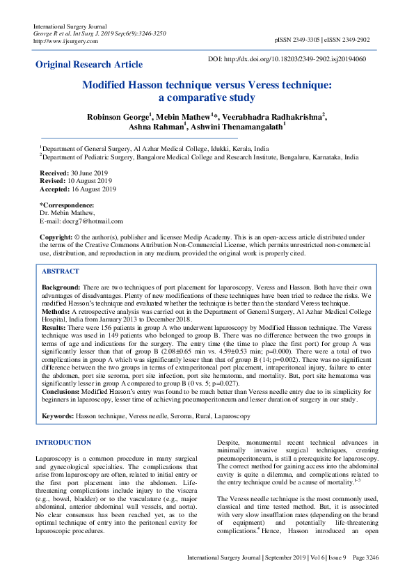 (PDF) Modified Hasson technique versus Veress technique: a comparative ...