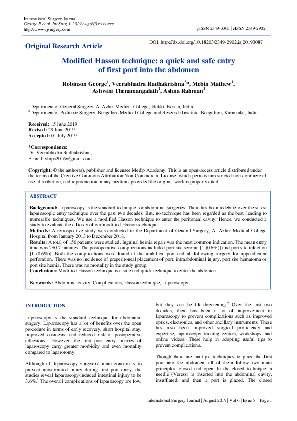 (PDF) Modified Hasson technique: a quick and safe entry of first port ...