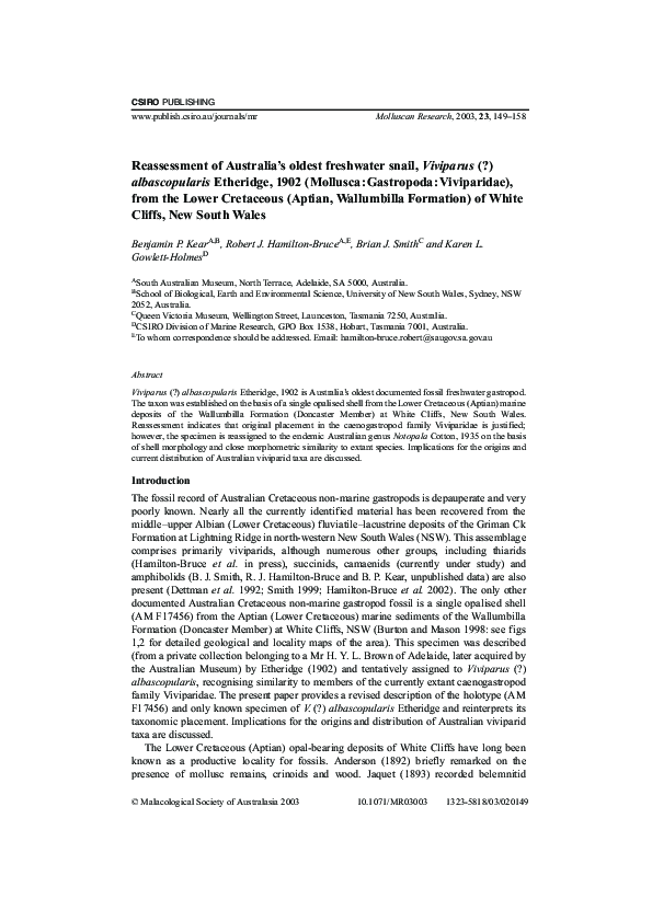 (PDF) Reassessment of Australia's oldest freshwater snail, Viviparus ...