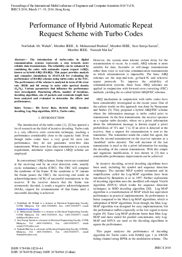 (PDF) Performance of Hybrid Automatic Repeat Request Scheme with Turbo Codes