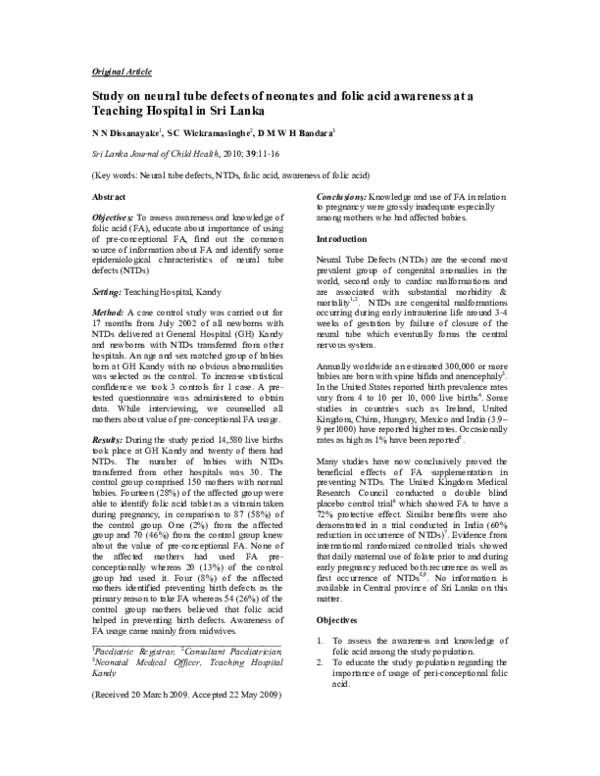 (PDF) Study on neural tube defects of neonates and folic acid awareness ...