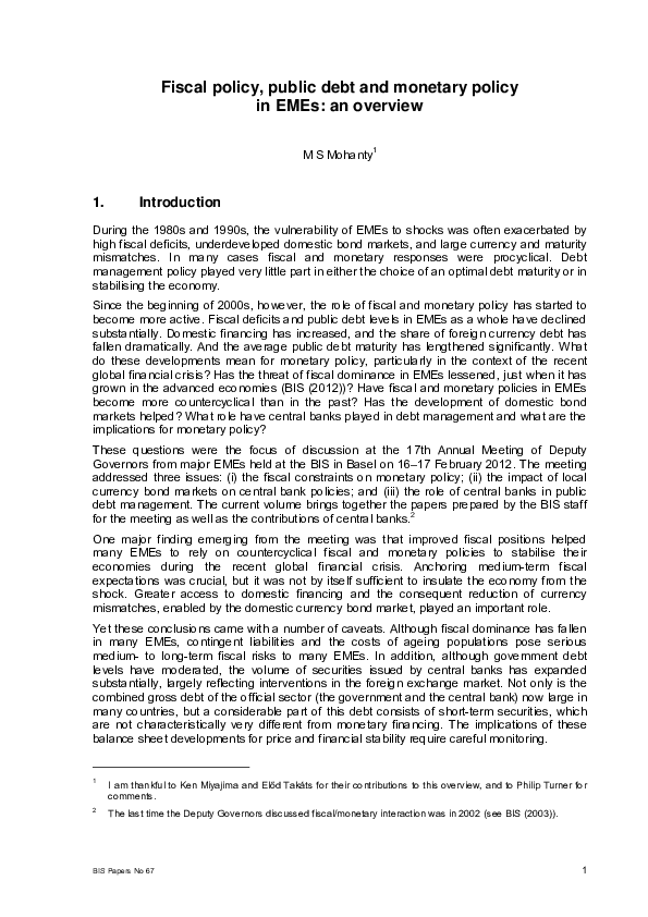 (PDF) Fiscal Policy, Public Debt and Monetary Policy in EMEs: An Overview