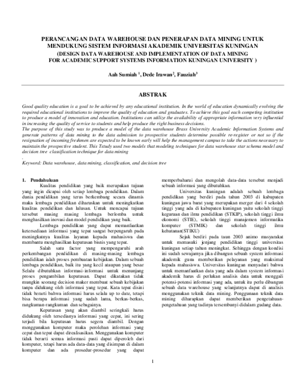 Pdf Perancangan Data Warehouse Dan Penerapan Data Mining Untuk