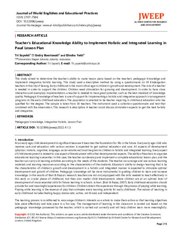 (PDF) Teacher's Educational Knowledge Ability to Implement Holistic and ...