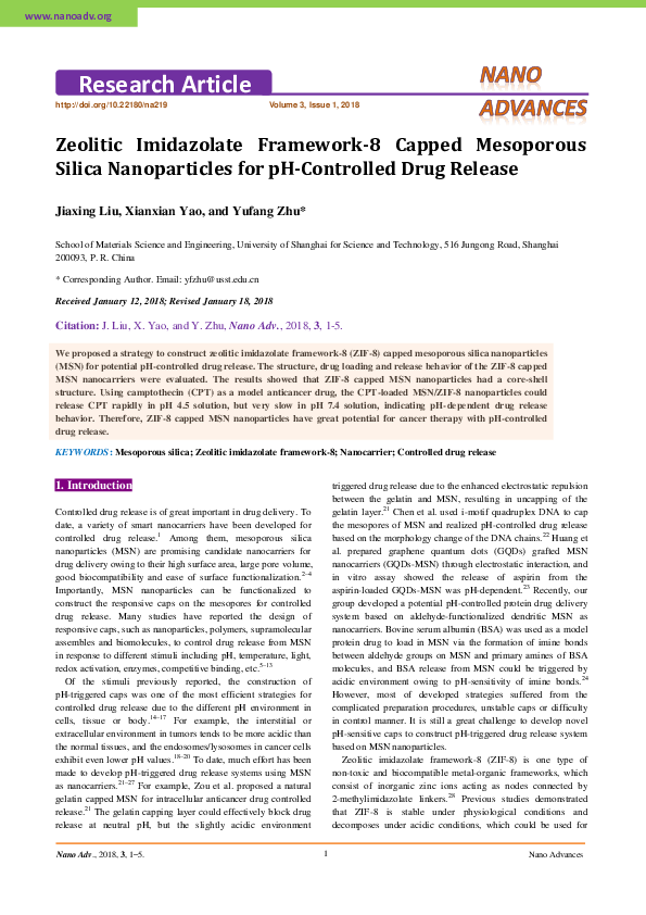 (PDF) Zeolitic Imidazolate Framework-8 Capped Mesoporous Silica Nanoparticles for pH-Controlled ...